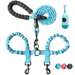 baapet double dog leash, 4 ft rope dog leash with tangle free shock absorbing bungee and poop bags for dual small medium large dogs (medium/large, blue)