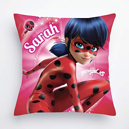 Miraculous Personalized Throw Pillow with Ladybug and Tikki on Red Removable Cover, Custom Name Printed, Official Licensed Product, 14x14