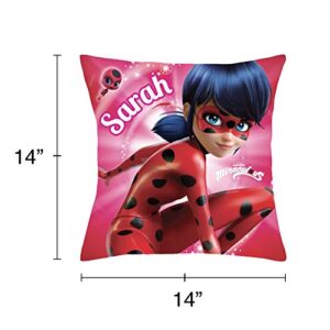 Miraculous Personalized Throw Pillow with Ladybug and Tikki on Red Removable Cover, Custom Name Printed, Official Licensed Product, 14x14