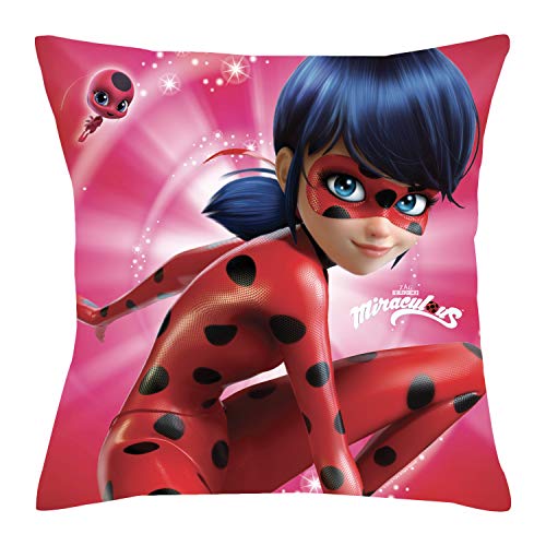 Miraculous Personalized Throw Pillow with Ladybug and Tikki on Red Removable Cover, Custom Name Printed, Official Licensed Product, 14x14