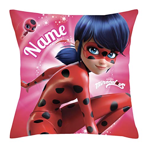 Miraculous Personalized Throw Pillow with Ladybug and Tikki on Red Removable Cover, Custom Name Printed, Official Licensed Product, 14x14