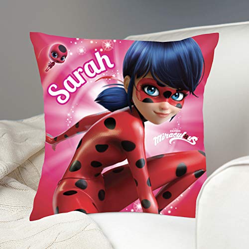 Miraculous Personalized Throw Pillow with Ladybug and Tikki on Red Removable Cover, Custom Name Printed, Official Licensed Product, 14x14