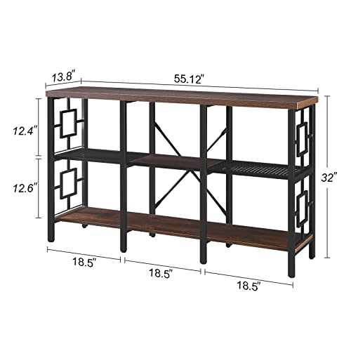 HOMISSUE 3-Tier Console Sofa Table, Industrial Vintage 55-inch Long Entryway Table with Open Storage Shelf for Living Room, Hallway, Retro Brown