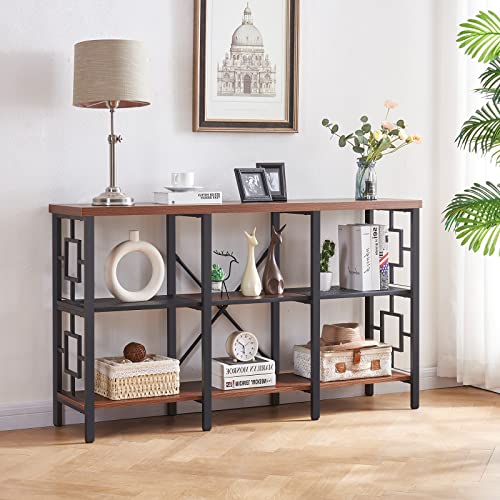 HOMISSUE 3-Tier Console Sofa Table, Industrial Vintage 55-inch Long Entryway Table with Open Storage Shelf for Living Room, Hallway, Retro Brown