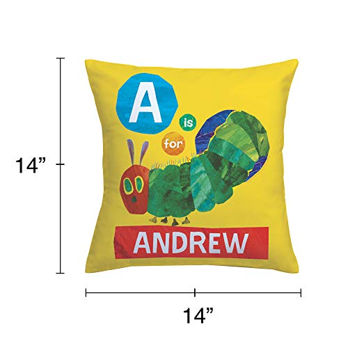 Eric Carle's Very Hungry Caterpillar Personalized Throw Pillow with Alphabet on Yellow Removable Cover, Custom Name and Initial Printed, Official Licensed Product, 14x14