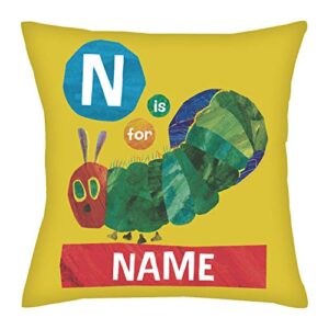 Eric Carle's Very Hungry Caterpillar Personalized Throw Pillow with Alphabet on Yellow Removable Cover, Custom Name and Initial Printed, Official Licensed Product, 14x14