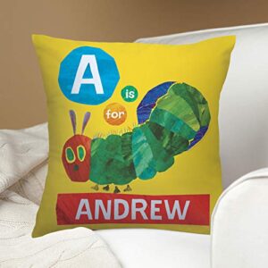 Eric Carle's Very Hungry Caterpillar Personalized Throw Pillow with Alphabet on Yellow Removable Cover, Custom Name and Initial Printed, Official Licensed Product, 14x14