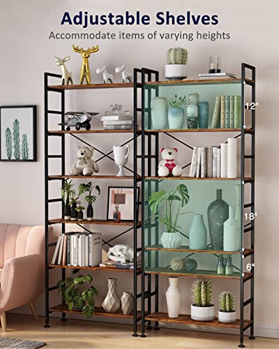 CosyStar 6-Tier Adjustable Tall Bookcase, Rustic Wood and Metal Standing Bookshelf, Industrial Vintage Book Shelf Unit, Open Back Modern Office Bookcases