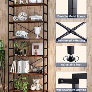 CosyStar 6-Tier Adjustable Tall Bookcase, Rustic Wood and Metal Standing Bookshelf, Industrial Vintage Book Shelf Unit, Open Back Modern Office Bookcases