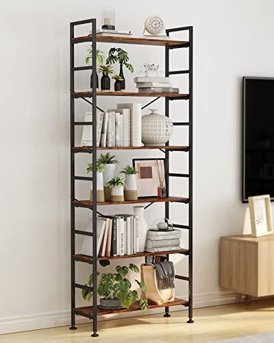 CosyStar 6-Tier Adjustable Tall Bookcase, Rustic Wood and Metal Standing Bookshelf, Industrial Vintage Book Shelf Unit, Open Back Modern Office Bookcases