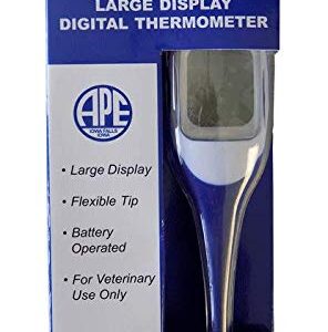 Agri-Pro Veterinary Thermometer. Fast, Accurate Temperature Readings for Pets and Livestock. Large Display. Flexible Tip. Beeps When Ready. Memory Recall. Auto Shut-Off. Water and Shock Resistant.