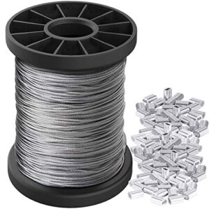 picture hanging wire 1.5mm up to 150lbs,100feet(30.5m) stainless steel wire spool with 40pcs aluminum crimping loop sleeve,heavy hanging kit for photo frame picture,artwork,mirror,string light hanging