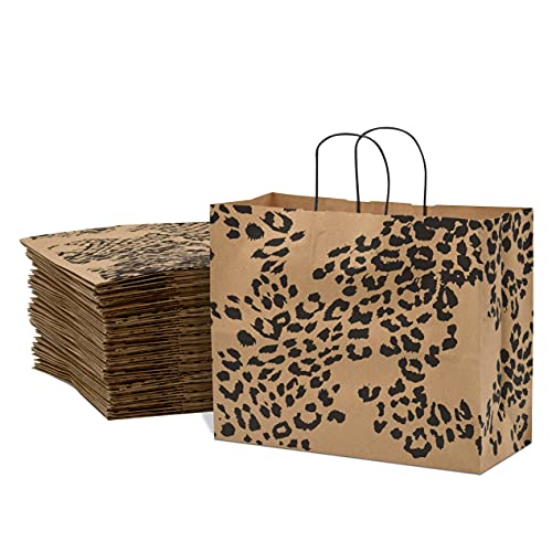 Brown Paper Gift Bags - 16x6x12 Inch 50 Pack Brown Animal Print Large Bags with Handles, Cheetah, Zebra, Leopard, for Shopping, Small Business, Retail Stores, Boutiques, Merchandise, Parties, Events