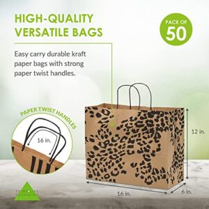 Brown Paper Gift Bags - 16x6x12 Inch 50 Pack Brown Animal Print Large Bags with Handles, Cheetah, Zebra, Leopard, for Shopping, Small Business, Retail Stores, Boutiques, Merchandise, Parties, Events