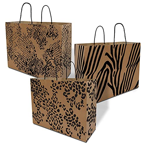 Brown Paper Gift Bags - 16x6x12 Inch 50 Pack Brown Animal Print Large Bags with Handles, Cheetah, Zebra, Leopard, for Shopping, Small Business, Retail Stores, Boutiques, Merchandise, Parties, Events