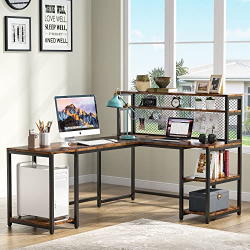 Tribesigns 67" Reversible Large Computer Desk with Hutch, Office Desk Study Table Writing Desk Workstation with 5 Storage Shelves 2 Tier Bookshelf for Home Office (Rustic Brown)