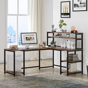 Tribesigns 67" Reversible Large Computer Desk with Hutch, Office Desk Study Table Writing Desk Workstation with 5 Storage Shelves 2 Tier Bookshelf for Home Office (Rustic Brown)