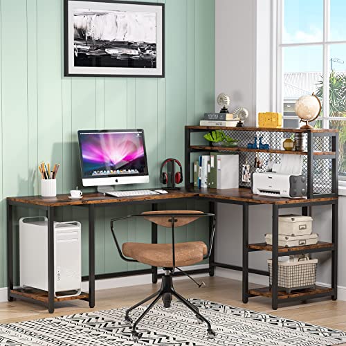 Tribesigns 67" Reversible Large Computer Desk with Hutch, Office Desk Study Table Writing Desk Workstation with 5 Storage Shelves 2 Tier Bookshelf for Home Office (Rustic Brown)