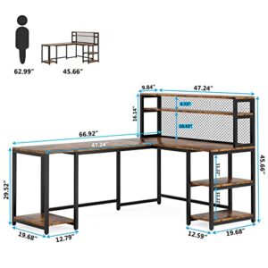 Tribesigns 67" Reversible Large Computer Desk with Hutch, Office Desk Study Table Writing Desk Workstation with 5 Storage Shelves 2 Tier Bookshelf for Home Office (Rustic Brown)