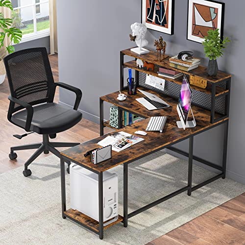 Tribesigns 67" Reversible Large Computer Desk with Hutch, Office Desk Study Table Writing Desk Workstation with 5 Storage Shelves 2 Tier Bookshelf for Home Office (Rustic Brown)