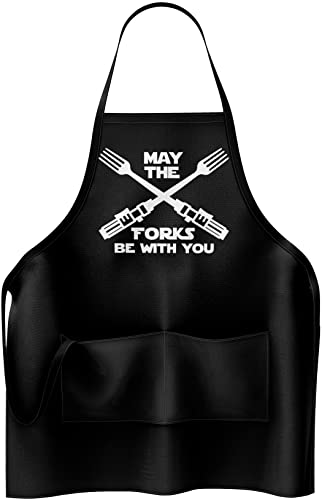 APRON DADDY Funny Apron, May The Forks Be With You - Novelty Funny Cooking Apron for Movie Fans - Extra Large 1 Size Fits All - Poly/Cotton Apron with 2 Pockets - Star Gift for Cook, Husband,