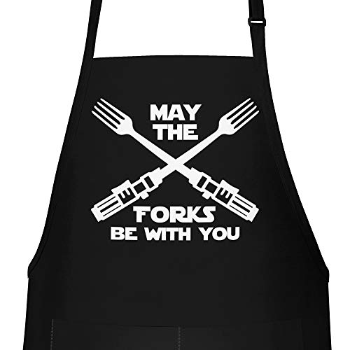 APRON DADDY Funny Apron, May The Forks Be With You - Novelty Funny Cooking Apron for Movie Fans - Extra Large 1 Size Fits All - Poly/Cotton Apron with 2 Pockets - Star Gift for Cook, Husband,