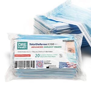 dre 3 ply disposable face masks, 20 count - made in the usa - medical grade