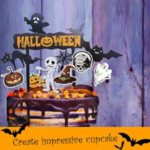 halloween party supplies cake toppers, 25pcs halloween cupcake picks set, haunted house cake decor with pumpkin ghost and skull, bake dessert favors for halloween kids decorations gift