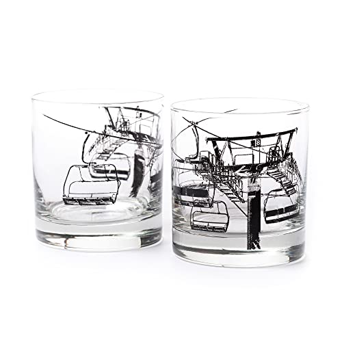 Black Lantern Whiskey Glasses – Rock Glass and Small Tumblers, Glassware Set of 2 – Mountain Decor Ski Lift Print - Ski Lodge and Cabin Decor - Kitchen Cups and Everyday Drinking Glasses