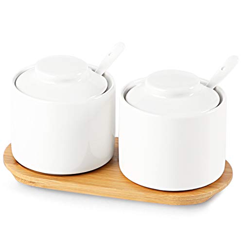 ONTUBE Ceramic Sugar Bowl with Lid and Spoon Set of 2,Porcelain Seasoning Box Salt Bowl with Tray,8oz (White)