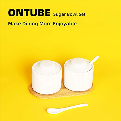 ONTUBE Ceramic Sugar Bowl with Lid and Spoon Set of 2,Porcelain Seasoning Box Salt Bowl with Tray,8oz (White)