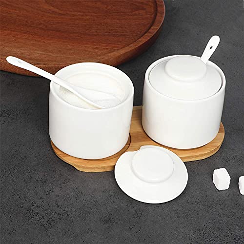 ONTUBE Ceramic Sugar Bowl with Lid and Spoon Set of 2,Porcelain Seasoning Box Salt Bowl with Tray,8oz (White)