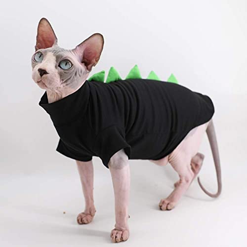 Dinosaur Design Sphynx Hairless Cat Clothes Cute Breathable Summer Cotton Shirts Cat Costume Pet Clothes,Round Collar Kitten T-Shirts with Sleeves, Cats & Small Dogs Apparel (XL (9-12.1 lbs), Black)