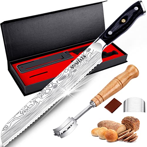 MOSFiATA Bread Knife 8” Ultra Sharp Serrated Knife, German High Carbon Stainless Steel EN1.4116 Bread Slicer with Bread Lame, Micarta Handle, Durable Bread Cutting Knife for Bread, Cake, Bagels