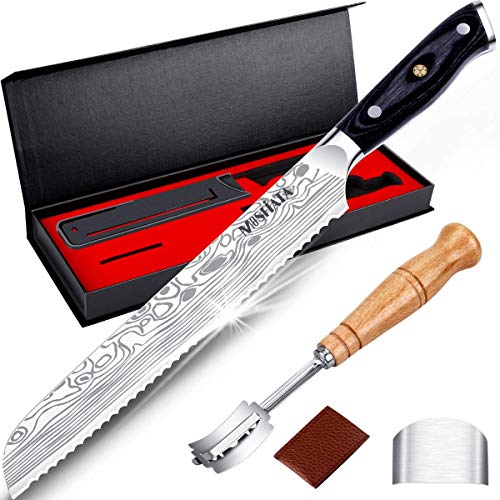 MOSFiATA Bread Knife 8” Ultra Sharp Serrated Knife, German High Carbon Stainless Steel EN1.4116 Bread Slicer with Bread Lame, Micarta Handle, Durable Bread Cutting Knife for Bread, Cake, Bagels