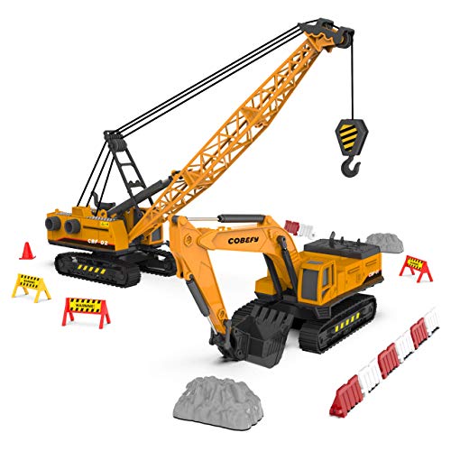 Construction Trucks Toy Vehicles Playset, Set of Crane & Excavator Toy with Road Sign Accessories(36pcs), Kids Construction Site Toys for Boys, Gift for Ages 3 and Up Toddlers Kids Children Present