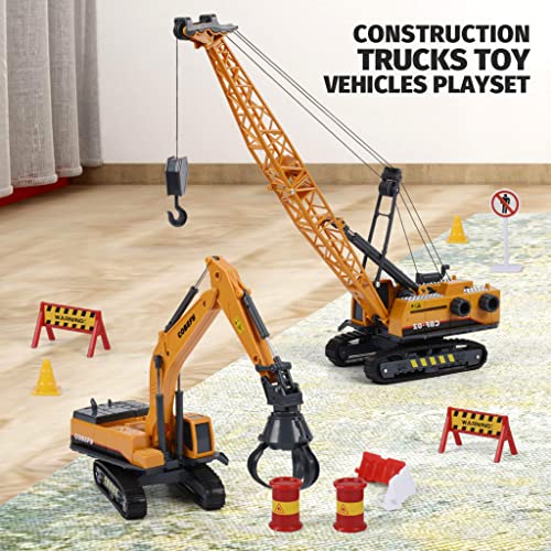 Construction Trucks Toy Vehicles Playset, Set of Crane & Excavator Toy with Road Sign Accessories(36pcs), Kids Construction Site Toys for Boys, Gift for Ages 3 and Up Toddlers Kids Children Present