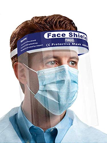 MAGID Reusable Clear Anti Fog Safety Face Shields - 5 Full Face Shields - Adult Face Shield with Soft Sponge Padding & Elastic Headband (5 Pre-Assembled Shields)