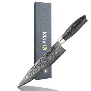 max k 8-inch chef’s knife - vg10, 67-layer damascus steel kitchen knife - razor-sharp hidden tang cooking utensil - food cutting, slicing kitchen accessories - 8-inch professional-grade culinary tools