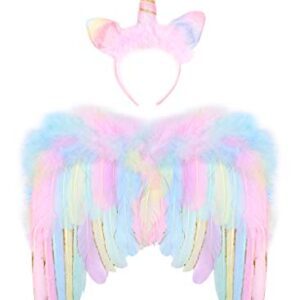 Girls Unicorn Wings with Headband Cute Feather Angel Wings Halloween Costume Accessories Cosplay Dress up Birthday Decorations