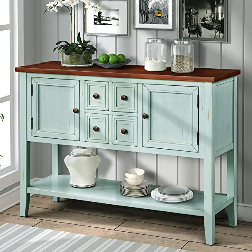 Danxee Wood Buffet Storage Cabinet Console Table with Storage Shelf 4 Storage Drawers and Cabinets Living Room Kitchen Dining Room Furniture (Antique Blue)