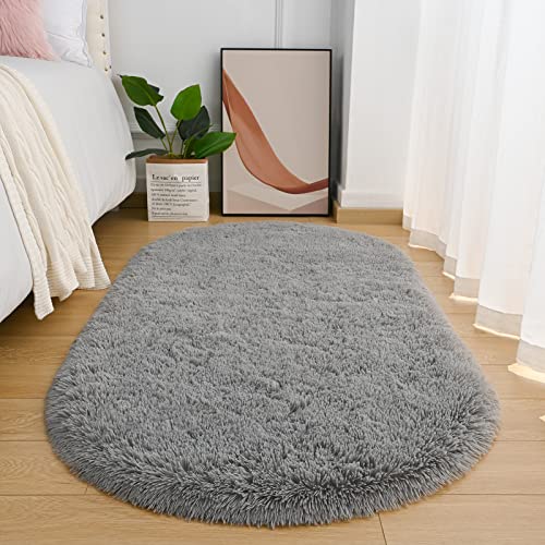 Goideal Oval Shaggy Bedroom Rug 2.6 x 5.2 Feet Fluffy Area Rugs for Girls Boys Kids Room Nursery Floor Carpet Home Decoration,Grey