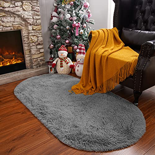 Goideal Oval Shaggy Bedroom Rug 2.6 x 5.2 Feet Fluffy Area Rugs for Girls Boys Kids Room Nursery Floor Carpet Home Decoration,Grey