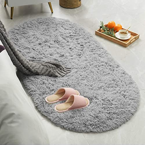 Goideal Oval Shaggy Bedroom Rug 2.6 x 5.2 Feet Fluffy Area Rugs for Girls Boys Kids Room Nursery Floor Carpet Home Decoration,Grey