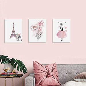 Wuxianghong Eiffel Tower Wall Decor Girls Pink Theme Room, Paris Wall Art Princess Girl Flowers Bedroom Decor,Canvas Art Framed Posters Paintings