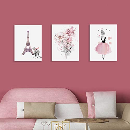 Wuxianghong Eiffel Tower Wall Decor Girls Pink Theme Room, Paris Wall Art Princess Girl Flowers Bedroom Decor,Canvas Art Framed Posters Paintings