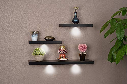 SkyMall Versatile Wood Floating Wall Shelves with LED Lights - Black (Set of 3)