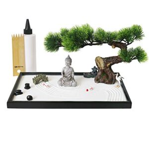 japanese tabletop meditation zen garden gift - tabletop rock sand meditating garden bridge bamboo rakes bonsai tree plant pagoda accessories tools kits office home desktop relaxation sandbox decor