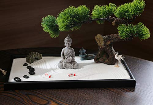 Japanese Tabletop Meditation Zen Garden Gift - Tabletop Rock Sand Meditating Garden Bridge Bamboo Rakes Bonsai Tree Plant Pagoda Accessories Tools Kits Office Home Desktop Relaxation Sandbox Decor