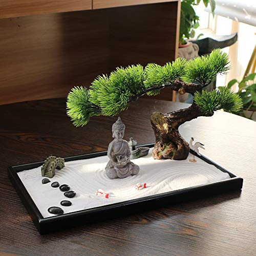 Japanese Tabletop Meditation Zen Garden Gift - Tabletop Rock Sand Meditating Garden Bridge Bamboo Rakes Bonsai Tree Plant Pagoda Accessories Tools Kits Office Home Desktop Relaxation Sandbox Decor